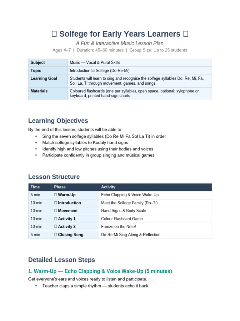 Solfege Lesson Plan Early Years | PDF | Music Education | Musicology