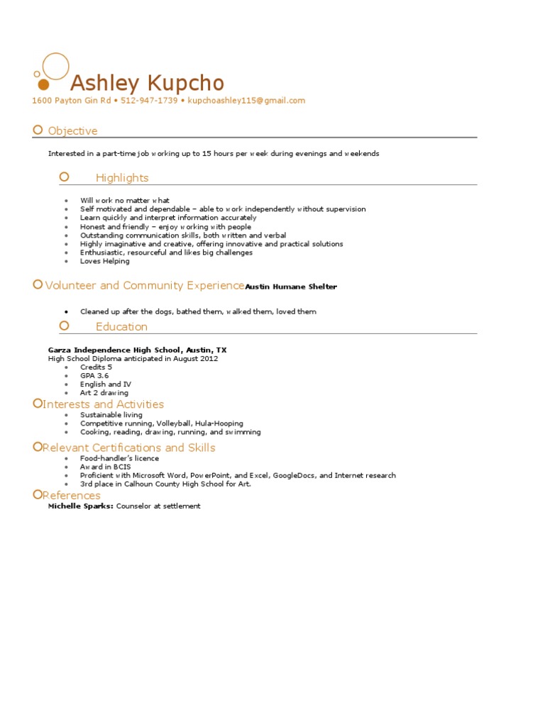 Part-Time Job Resume for Ashley Kupcho | PDF