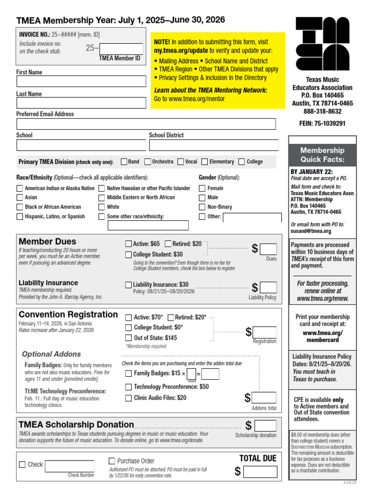 2025 2026 TMEA Membership Convention Registration Form | PDF | Race And ...