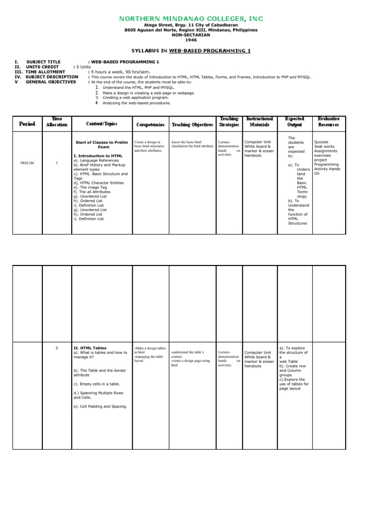 Web Based Programming 1 Syllabus Template | PDF | Html | Html Element Web Based Programming 1 Syllabus Template | PDF | Html | Html Element