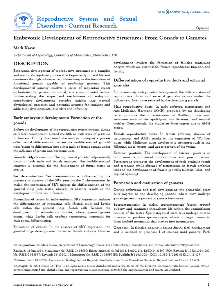 Embryonic Development of Reproductive Structures From Gonads To Gametes ...
