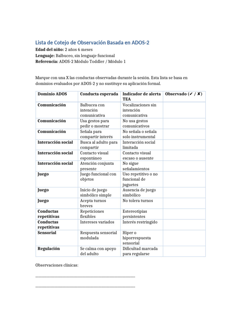 Lista Cotejo ADOS Toddler 2a6m | PDF | Ciencias del comportamiento ...