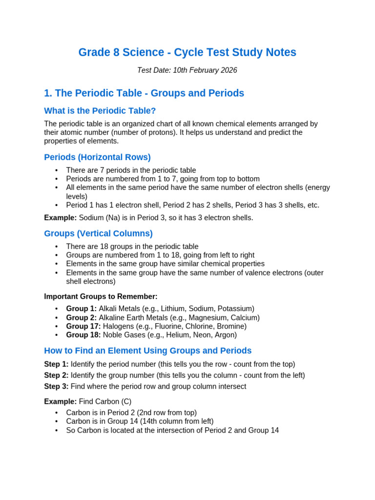 Grade 8 Science Study Notes | PDF | Periodic Table | Chemical Elements
