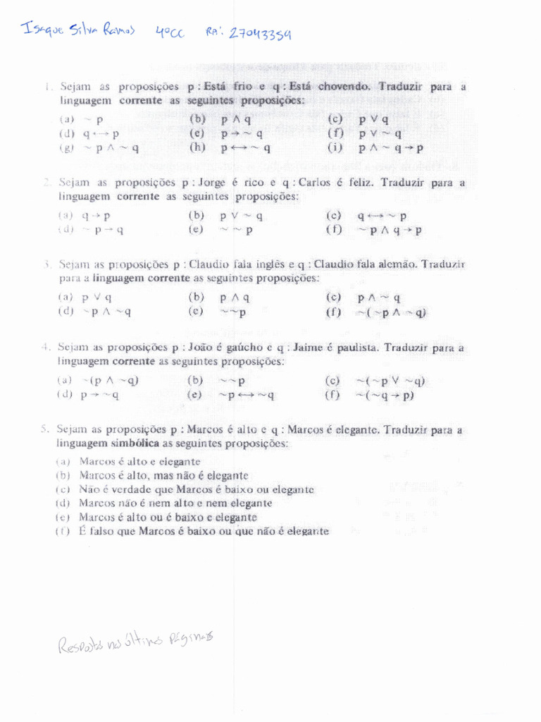 Exercicios de Logica Proposicional Isaque Ramos 4cc Ra 27043354 | PDF