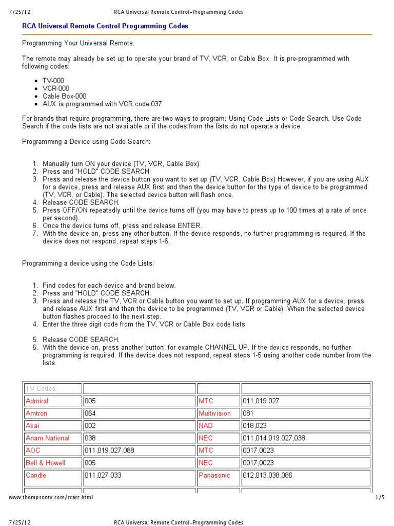 RCA Universal Remote Control-Programming Codes | PDF | Videocassette ...