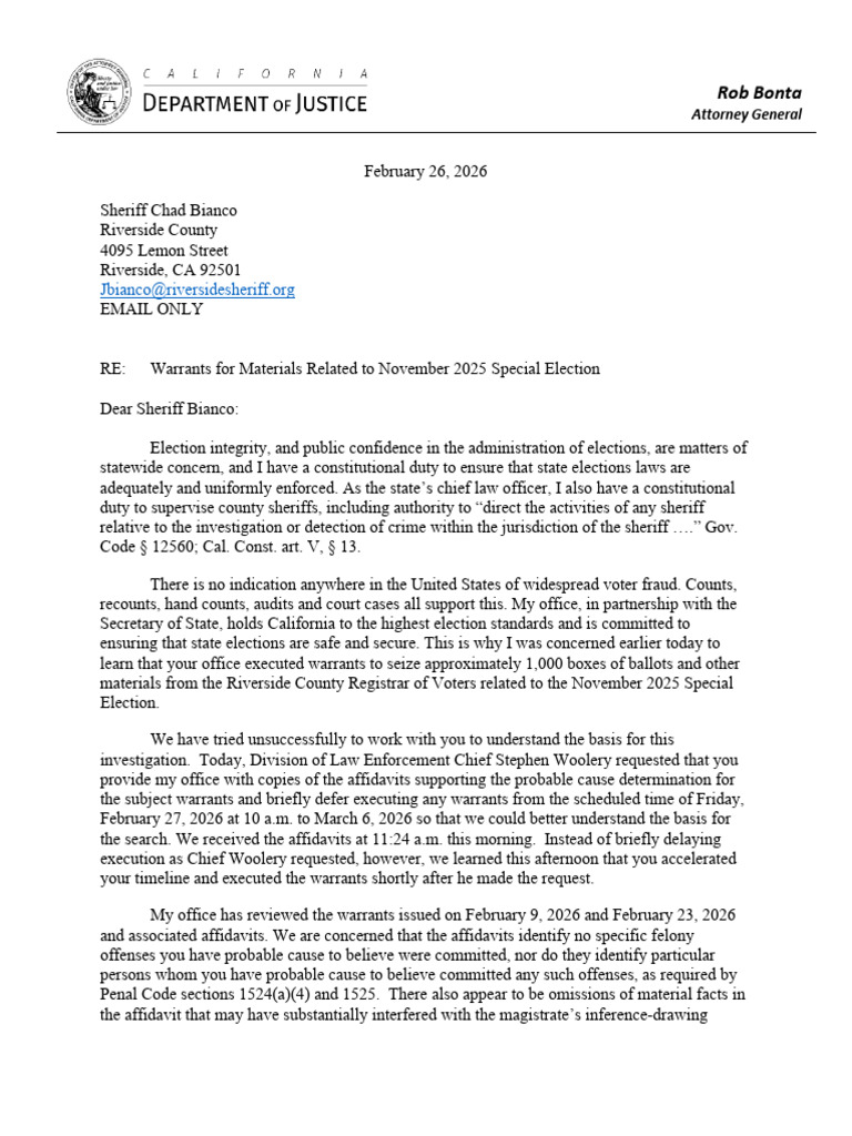 California Attorney General Letter To Riverside County Sheriff Dated ...