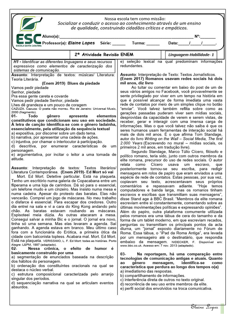 2 Atividade de Interpretação-H1 - E.M - Elaine | PDF | Livros | Roma Antiga