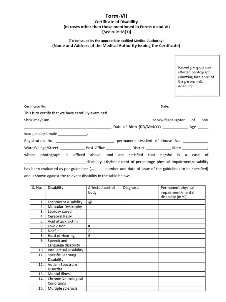 Disability Certificate (PWD) Form VII 2025 | PDF | Disability ...
