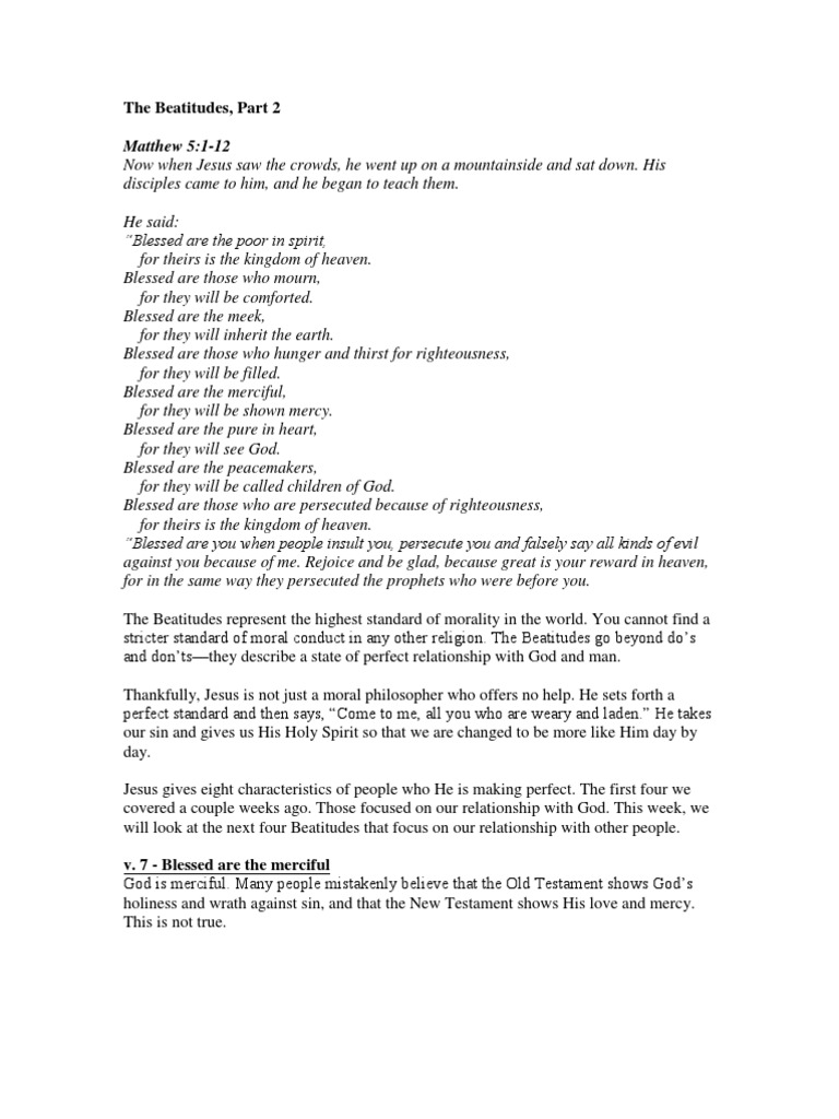 The Beatitudes Part 2 (Sermon) | PDF | Beatitudes | Mercy