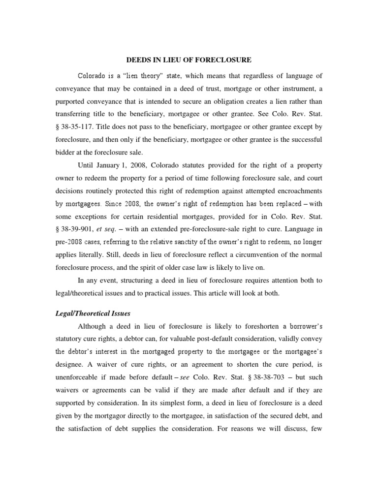 Deeds in Lieu of Foreclosure in Colorado | PDF | Mortgage Law | Foreclosure