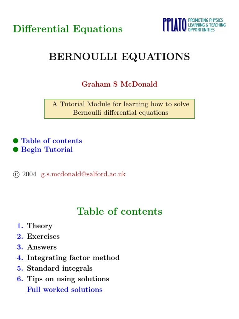 Solving Bernoulli Differential Equations | PDF | Ordinary Differential ...