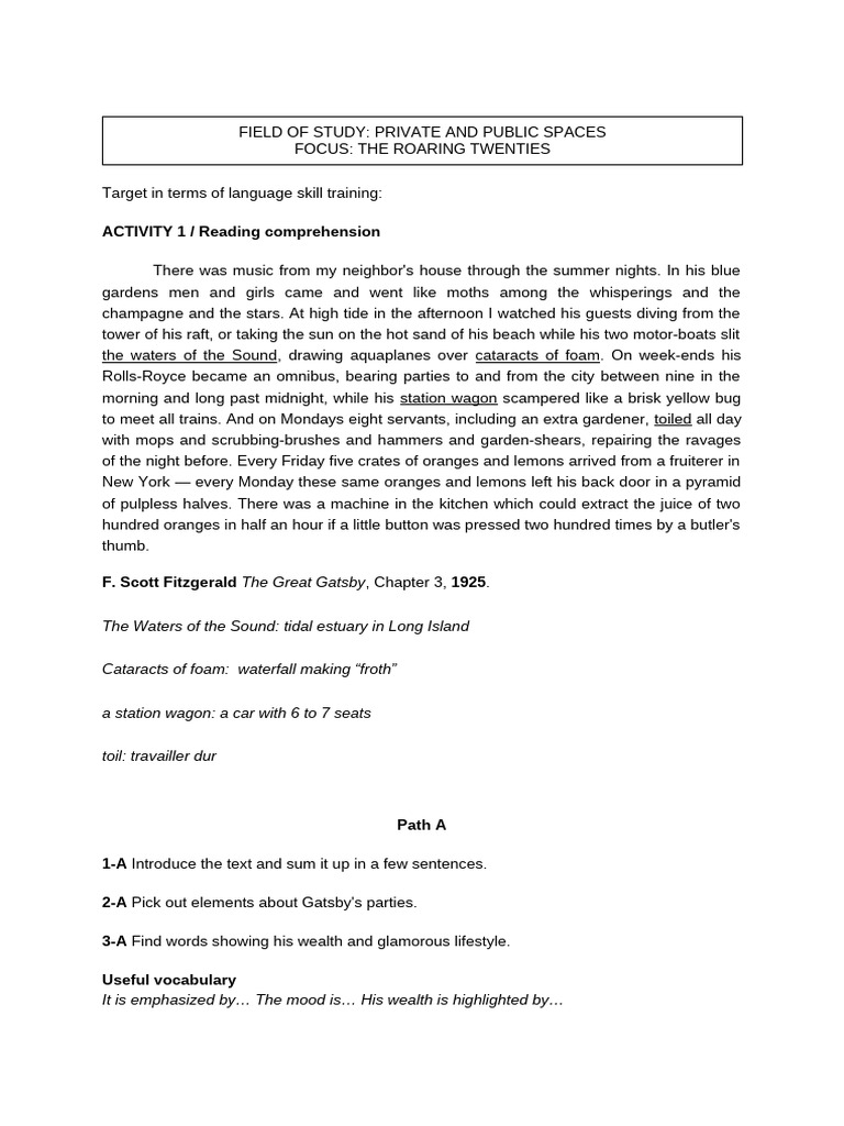The Great Gatsby - Reading Comprehension Skill Training | PDF