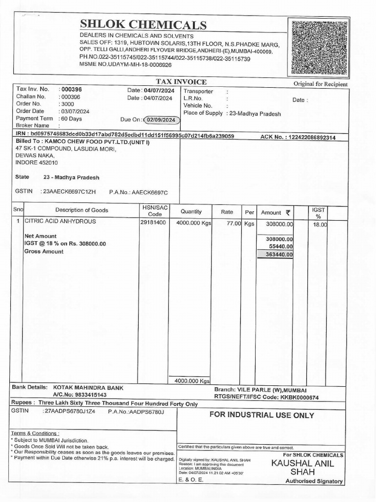 396 Kamco Chew Food Invoice | PDF