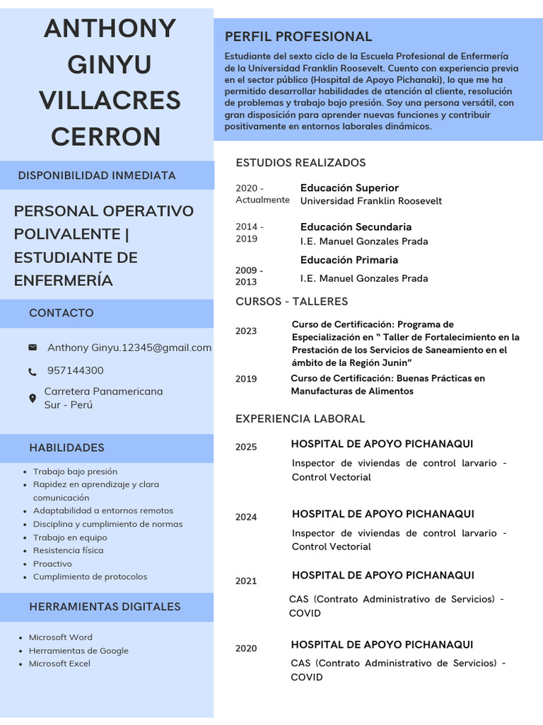 Currículum Vitae Cv ANTHONY VILLACRES CERRON | PDF