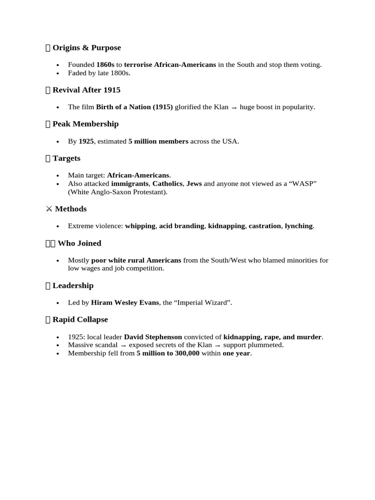 The Ku Klux Klan in The 1920s - Simplified, Evidence-Focused | PDF
