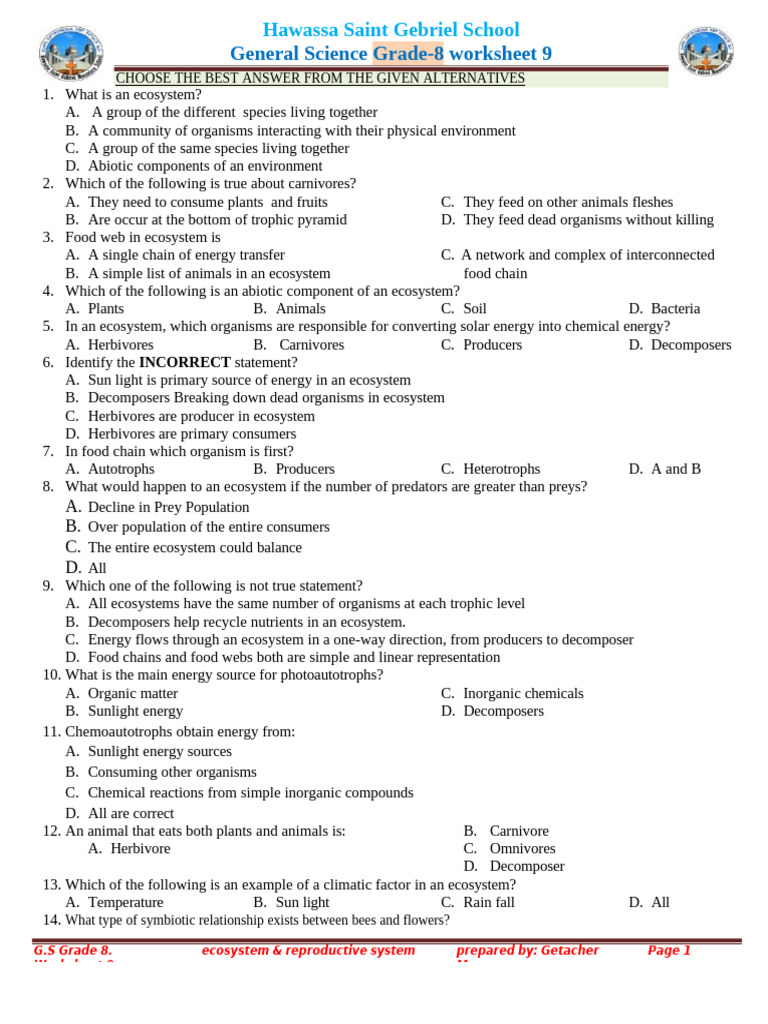 G - 8 GS Worksheet 9 2018 | PDF | Food Web | Ecosystem