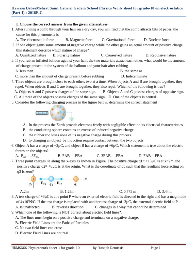 Work Sheet For Grade-10 2018 2nd | PDF | Electric Charge | Force