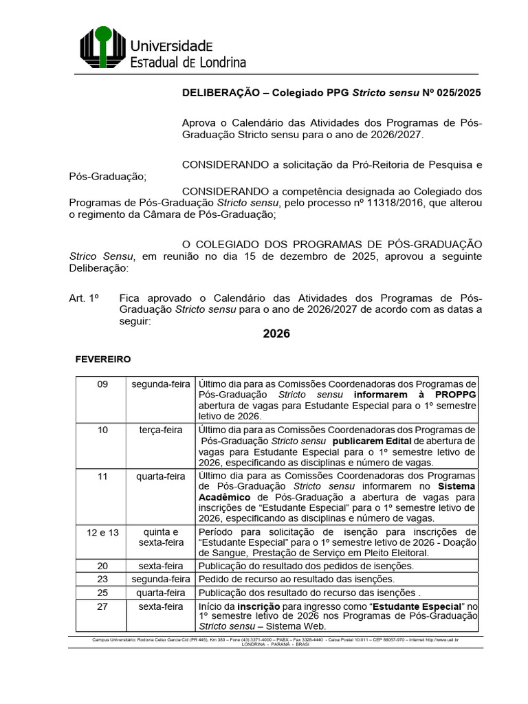 Calendário Stricto Sensu 2026 2027 Delib 25 2025 Assinado | PDF | Pós ...