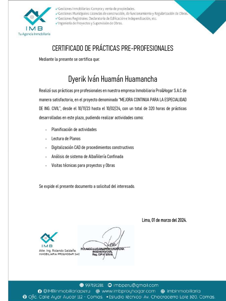CERTIFICADO Practicas Dierick 2024 | PDF
