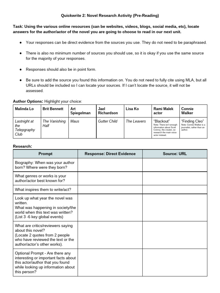 Quickwrite 2 - Novel Research Activity (Pre-Reading) | PDF ...