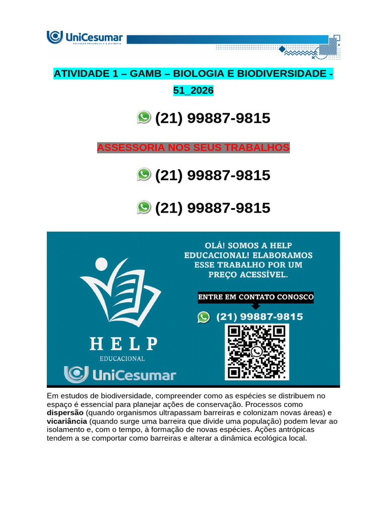 Atividade 1 - Gamb - Biologia e Biodiversidade - 51 - 2026 | PDF