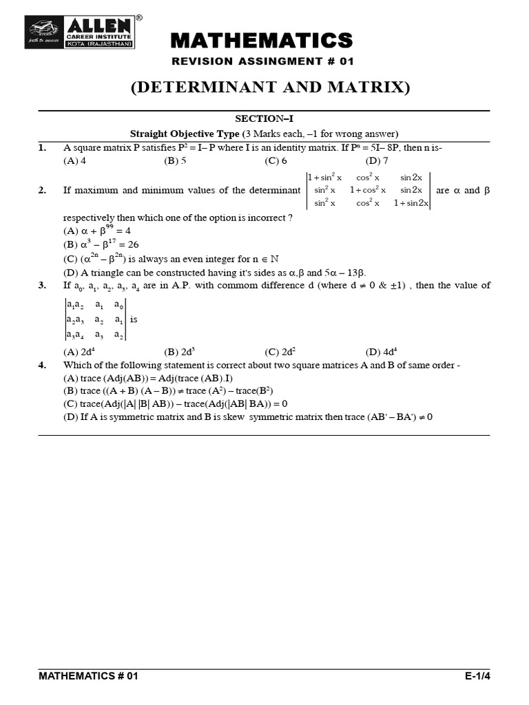 01 Determinant and Matrix 12c60ace C57a 46e3 85d3 3e628424202c | PDF ...