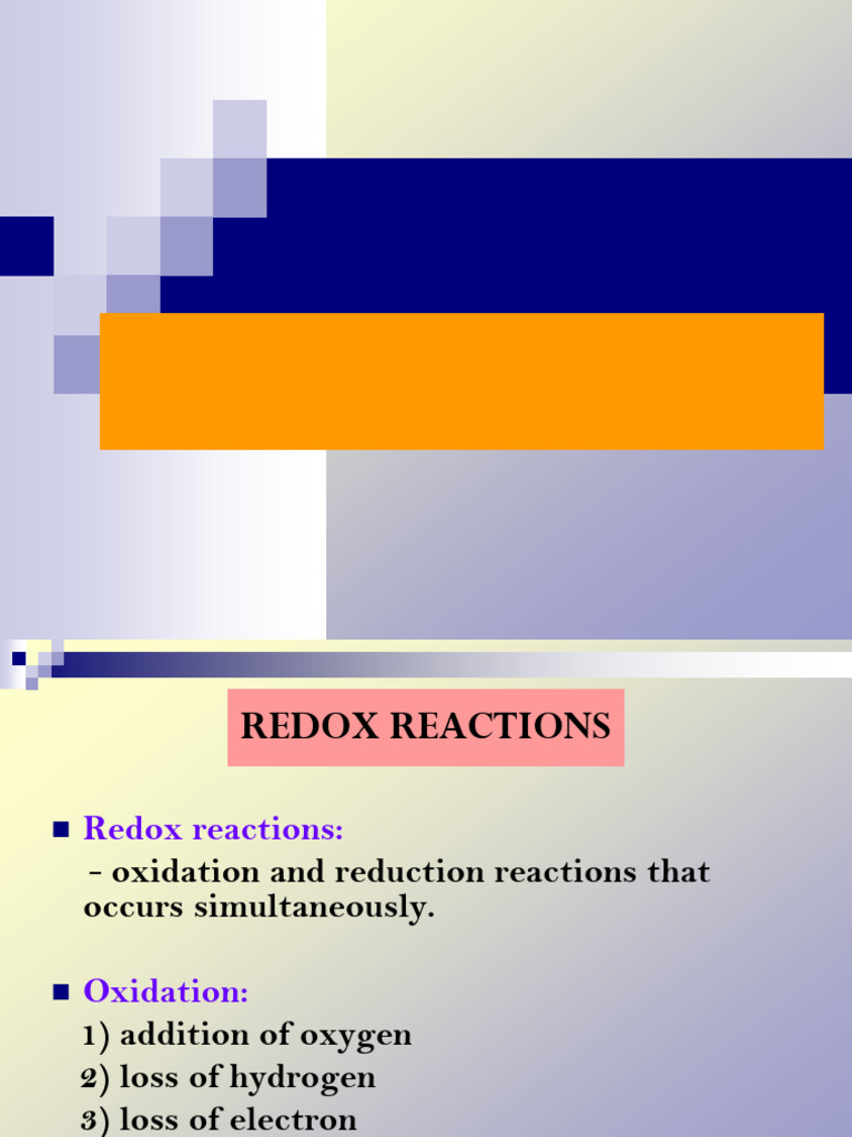Chapter 7-Oxidation and Reduction Reactions | PDF | Redox | Chemical ...