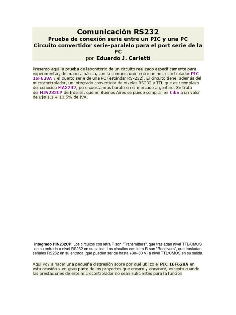 Comunicación RS232 entre PIC y PC | PDF | Microcontrolador | Poco