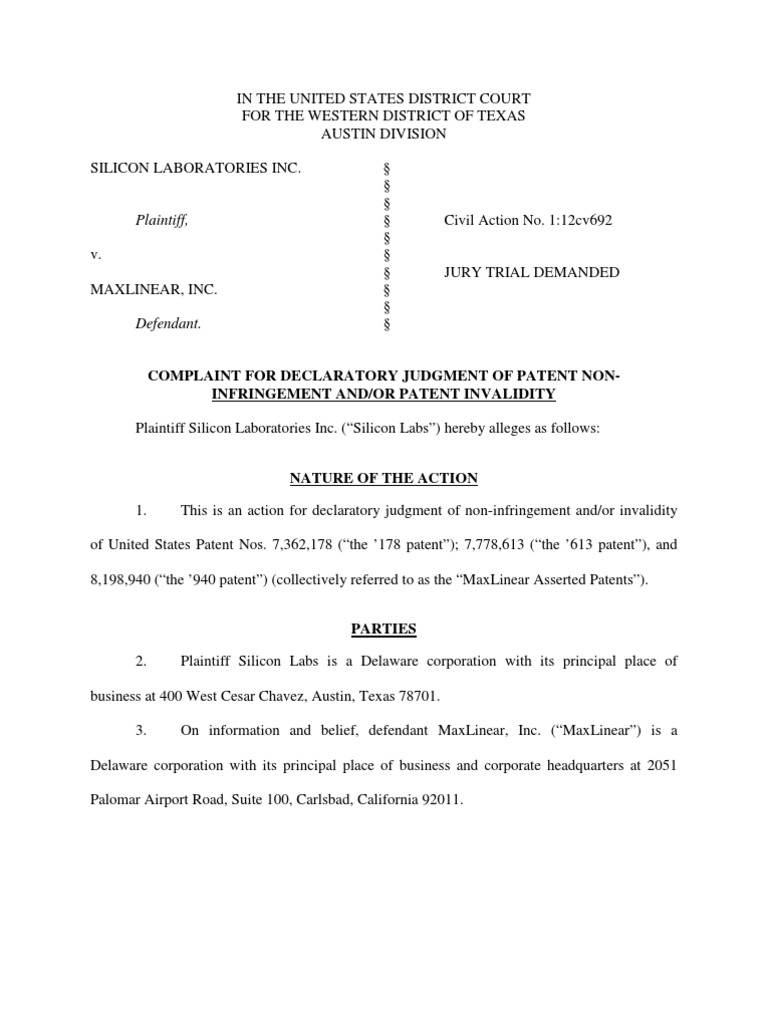Silicon Labs vs. MaxLinear Patent Dispute | PDF | Declaratory Judgment | Patent Infringement