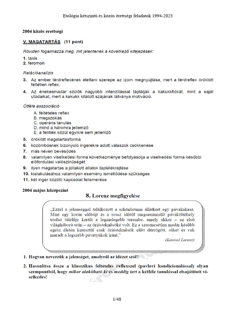 Etologia_erettsegi_feladatok | PDF