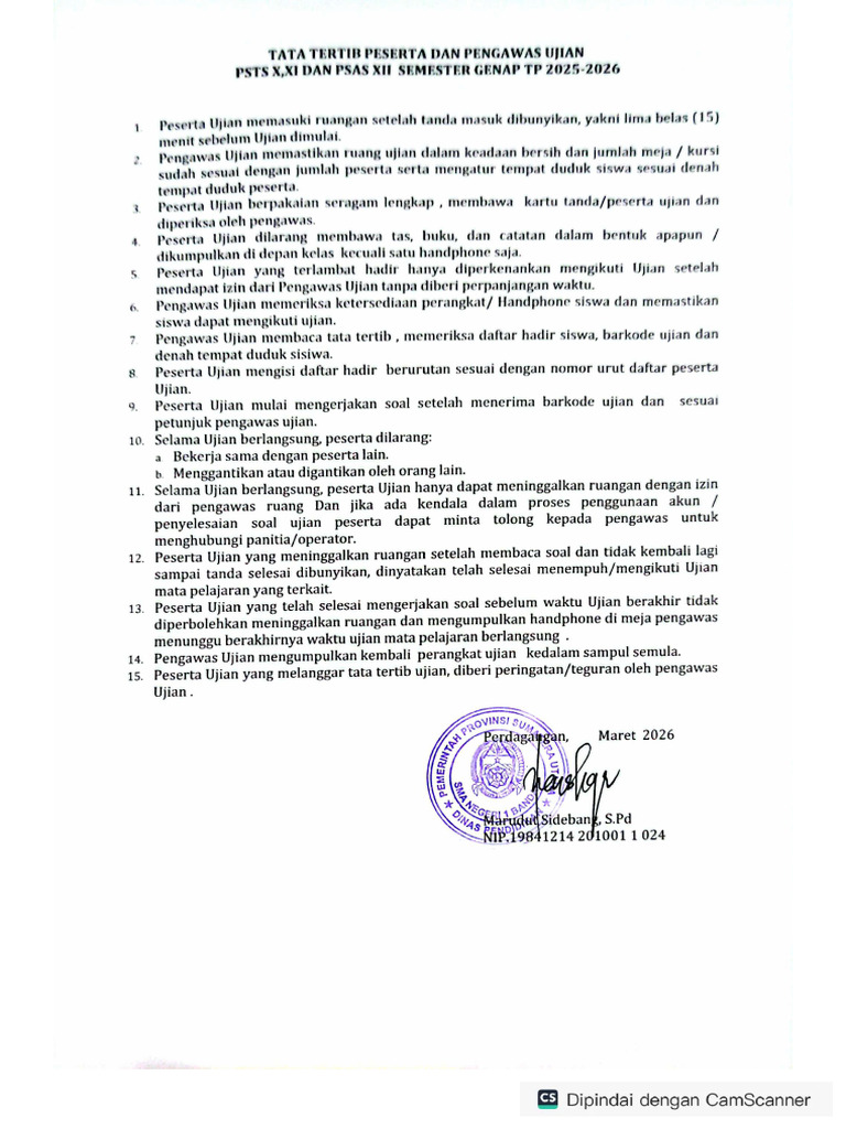 Tata Tertib Pengawas Dan Peserta PSTS Dan PSAS Genap 25-26 | PDF