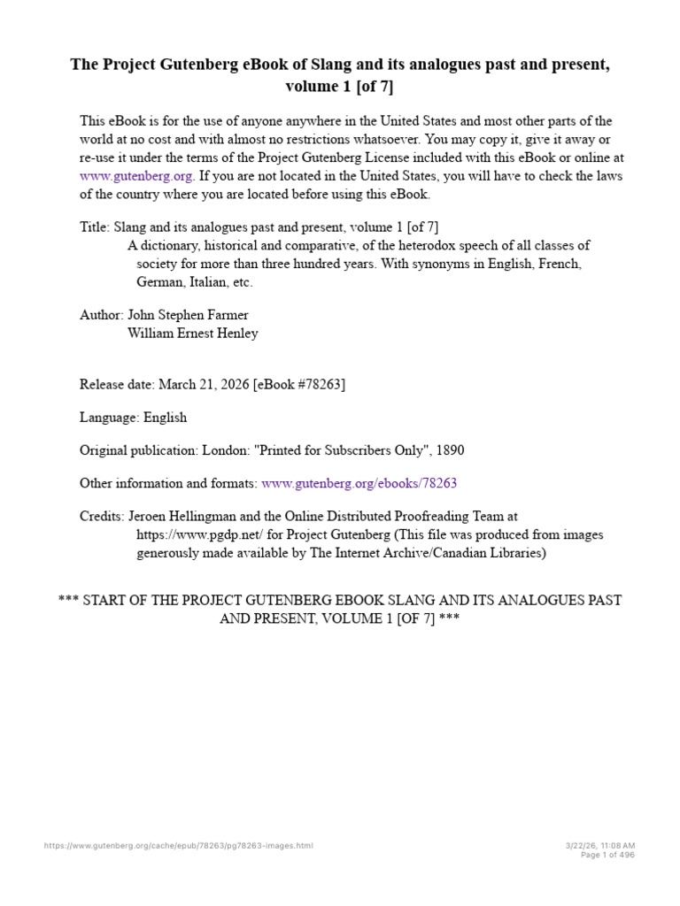 Slang and Its Analogues, 1 - Project Gutenberg | PDF | Project Gutenberg