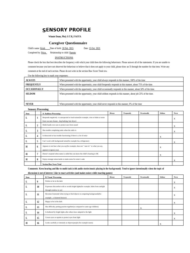 Sensory Caregiver Questionnaire (2934) | PDF