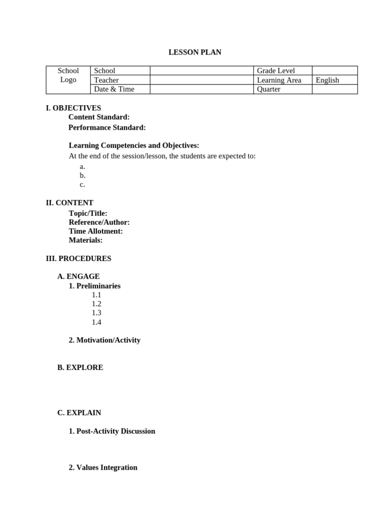 5 Es Lesson Plan Template | PDF