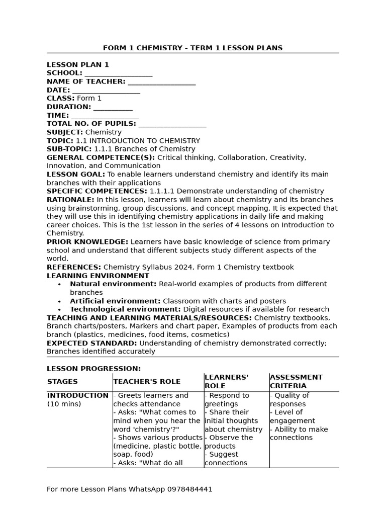 Form 1 Chemistry - Term 1 Lesson Plans | PDF | Lesson Plan | Learning