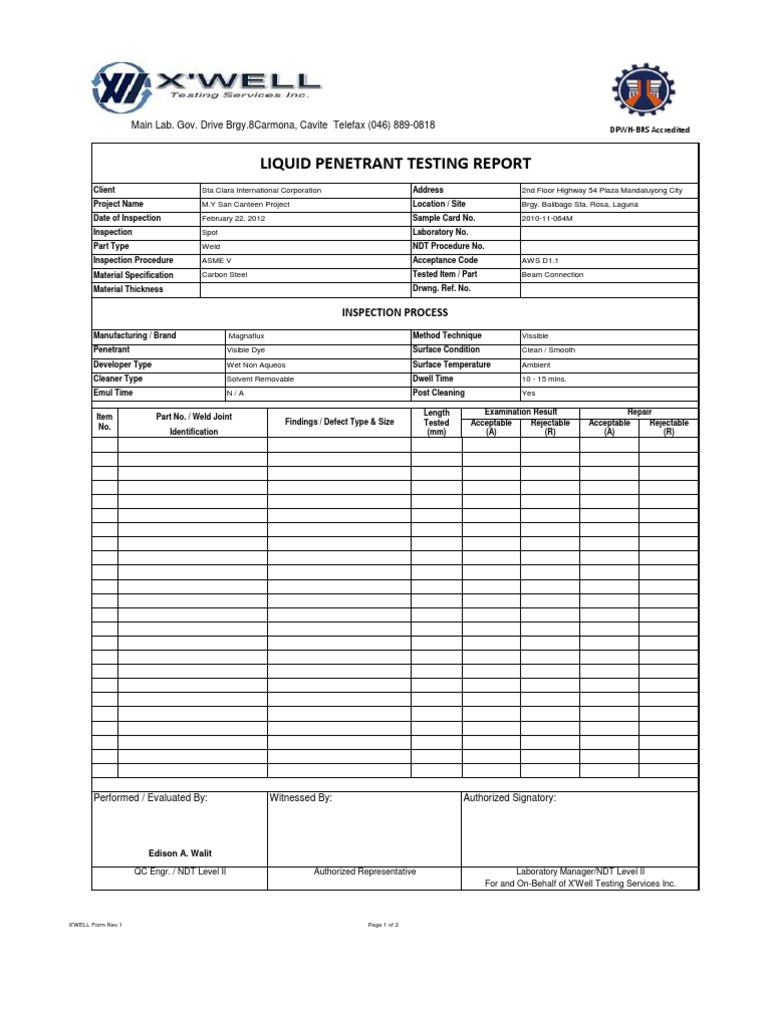 Liquid Penetrant Test Report | PDF | Technology & Engineering