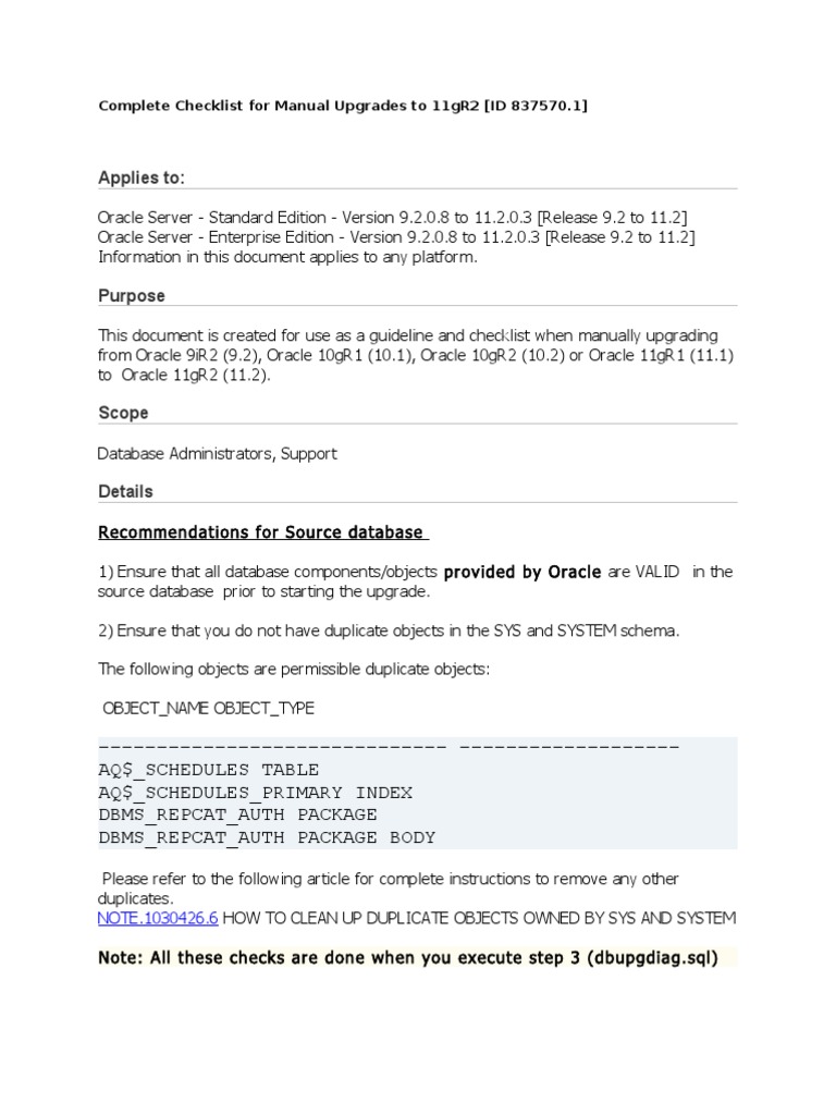 Complete Checklist For Manual Upgrades To 11gR2 | Download Free PDF | Oracle Database | Sql