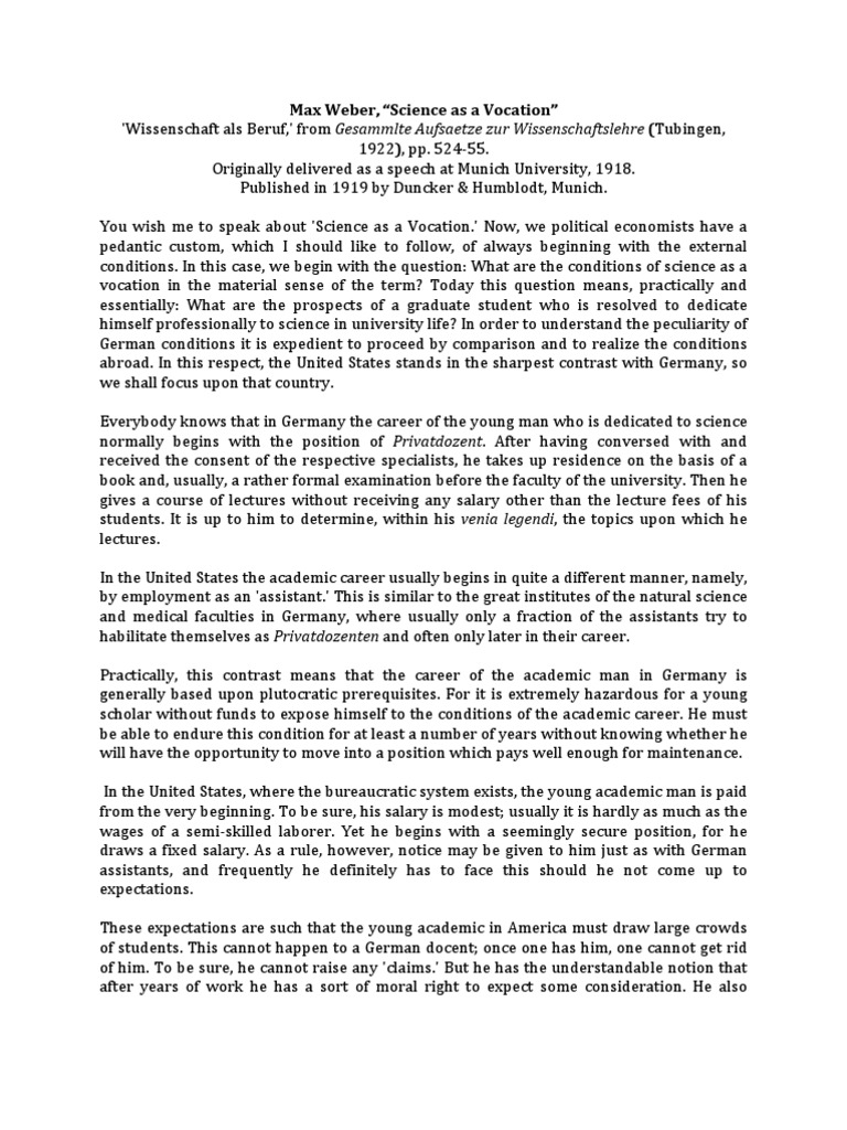 Max Weber: Science As A Vocation | PDF