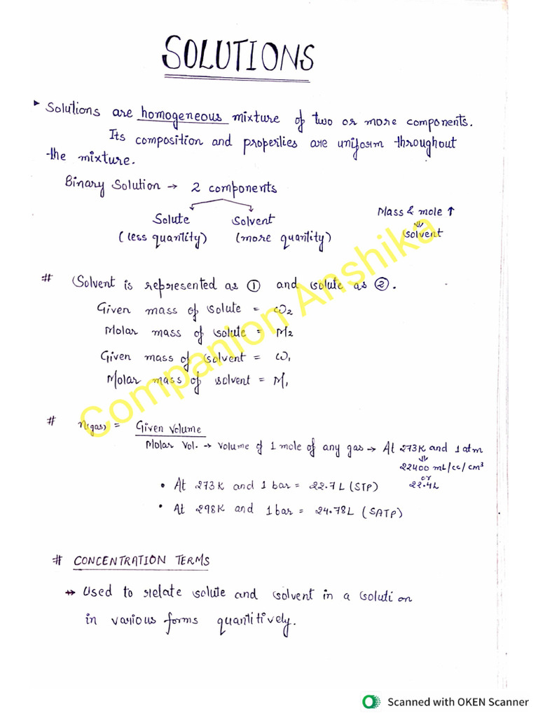 Solutions Class 12 Chemistry Notes 2024-25 Companion Anshika | PDF