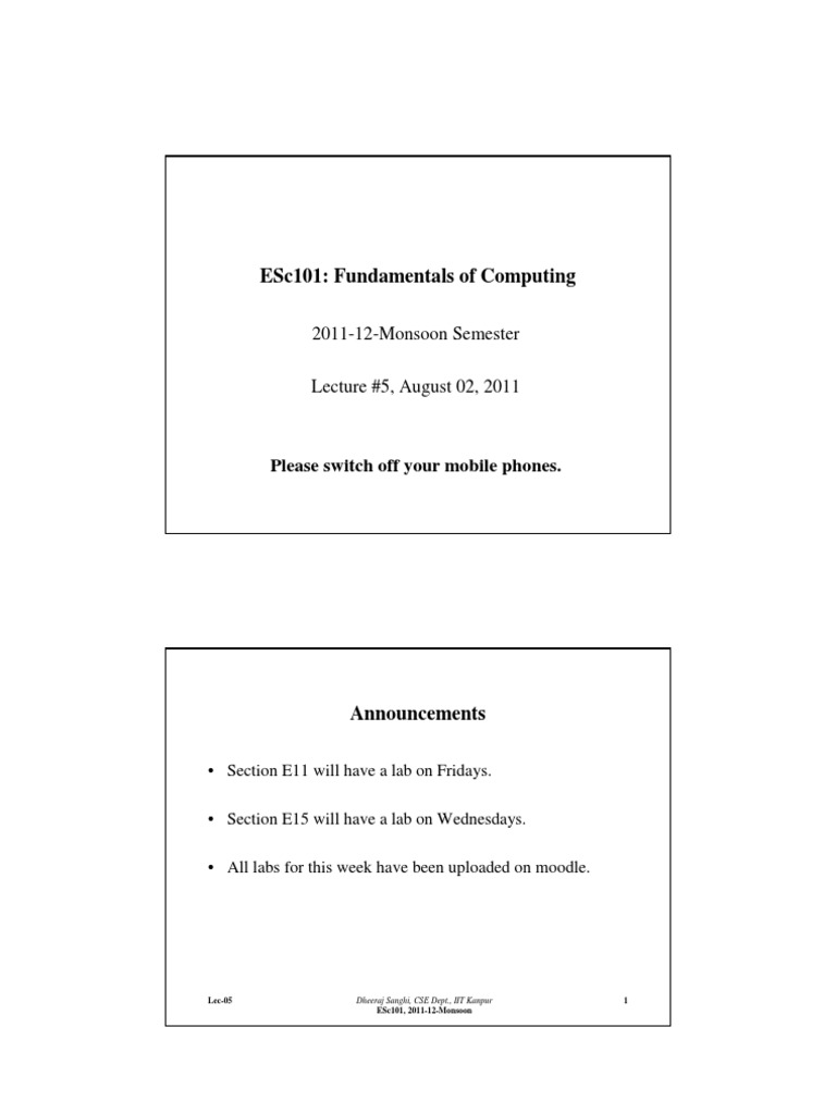 Esc101: Fundamentals of Computing: 2011-12-Monsoon Semester | PDF | Integer (Computer Science ...