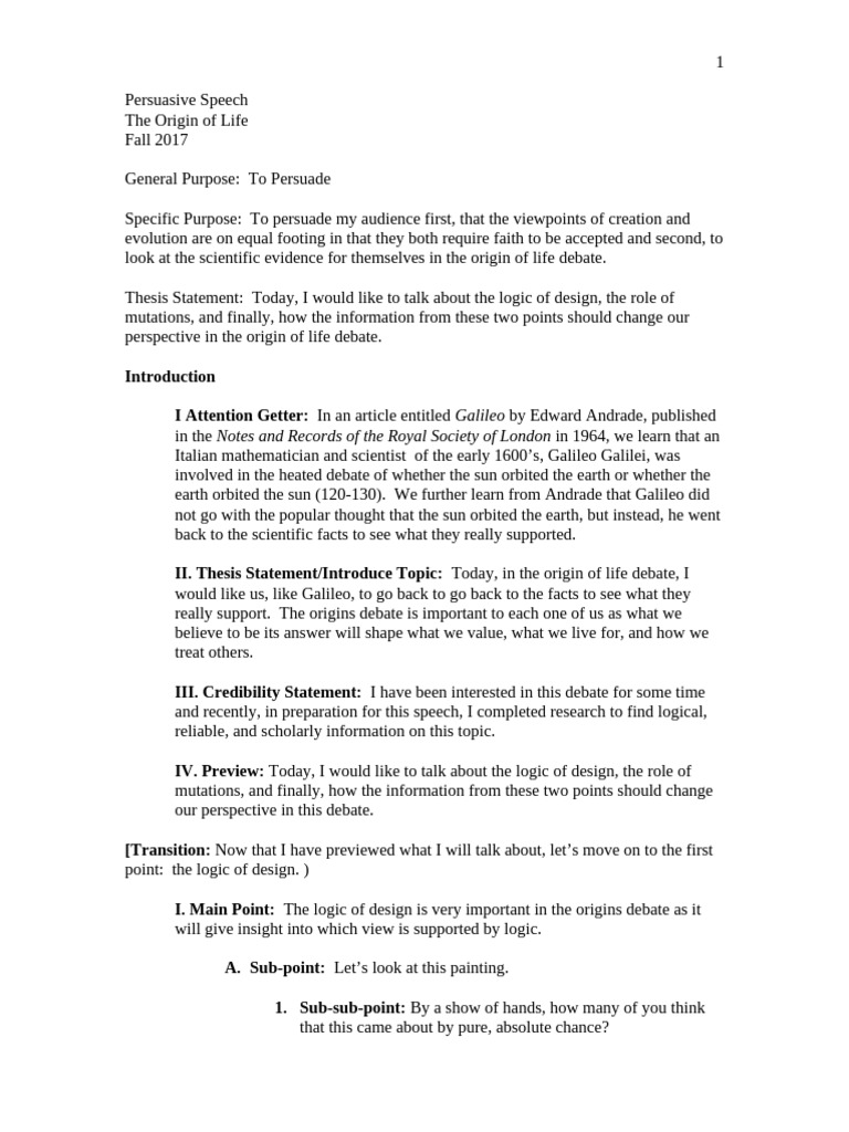 Persuasive Speech - Formal Outline | PDF | Evolution | Creationism