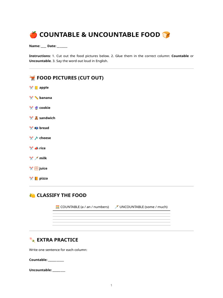 Countable Vs Uncountable Food Worksheet | PDF