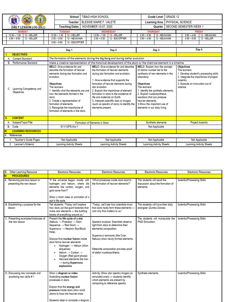 Physical Science WEEK 1 2025-2026 | PDF | Stars | Chemical Elements