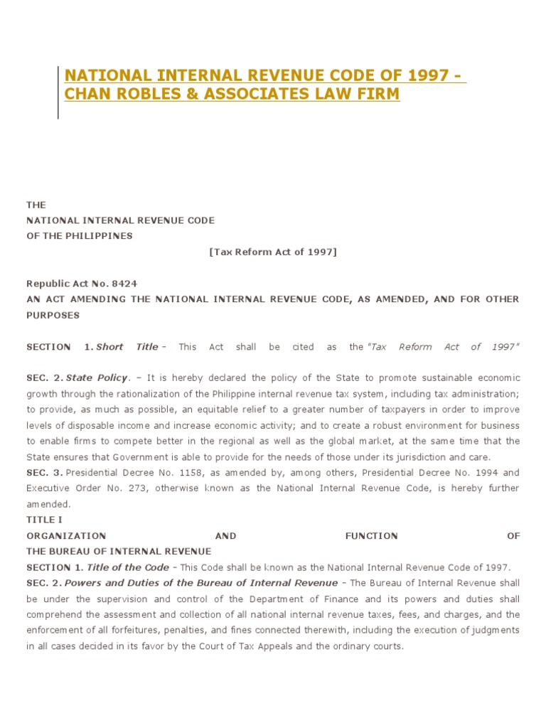 National Internal Revenue Code of 1997 | Capital Gains Tax | Internal ...