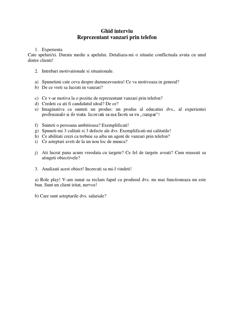 Ghid interviu Reprezentant vanzari prin telefon