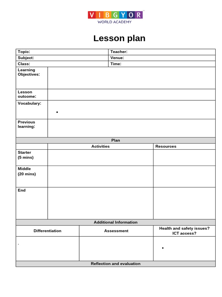 VIBGYOR World Academy - Lesson-Plan-Template11 | PDF