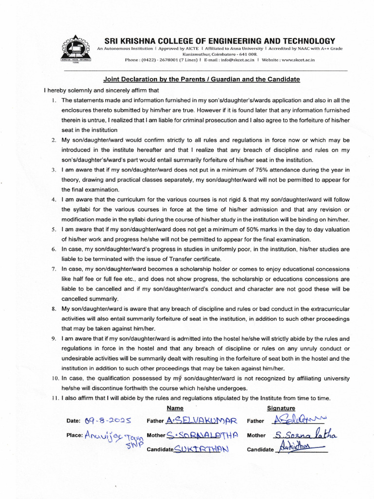 Joint Declaration by The Parents Guardian and The Candidate | PDF