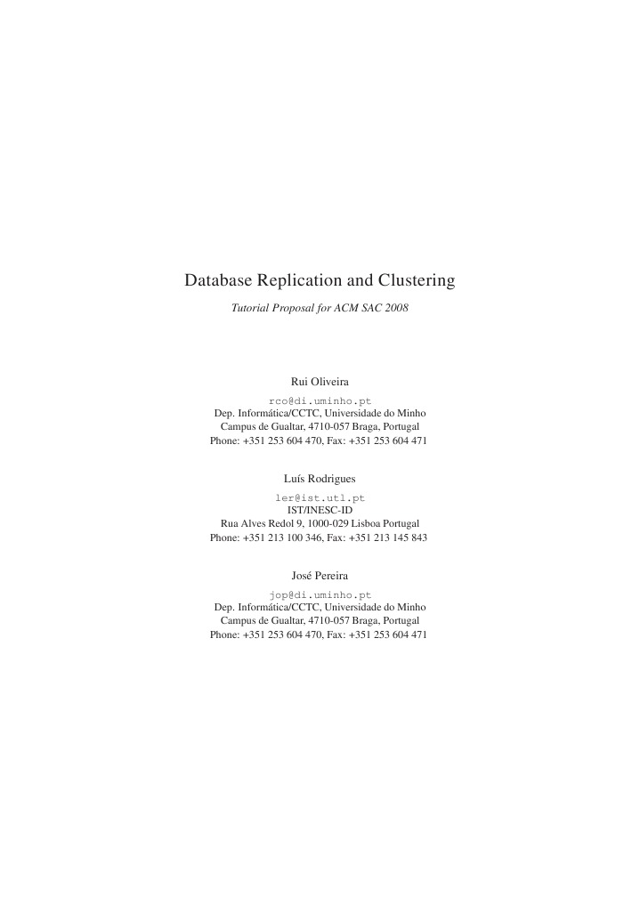 Database Replication and Clustering: Tutorial Proposal For ACM SAC 2008 | Download Free PDF ...