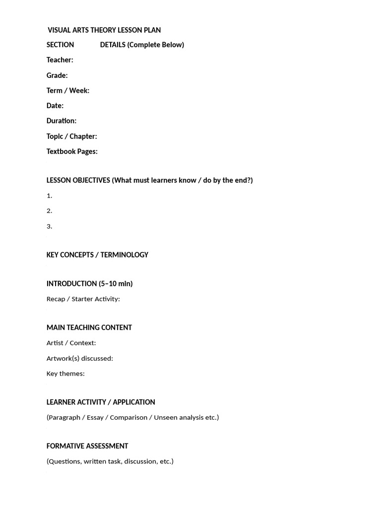 Visual Arts Theory Lesson Plan Template | PDF