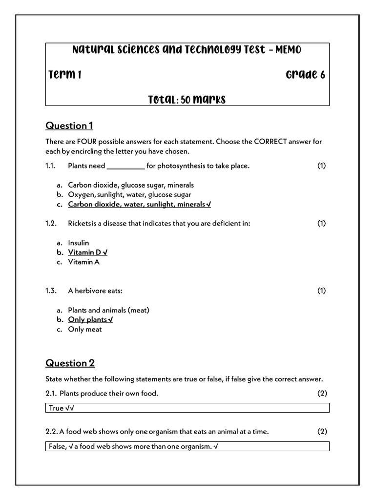 Natural Sciences and Technology Grade 6 Test Term 1 MEMO | PDF
